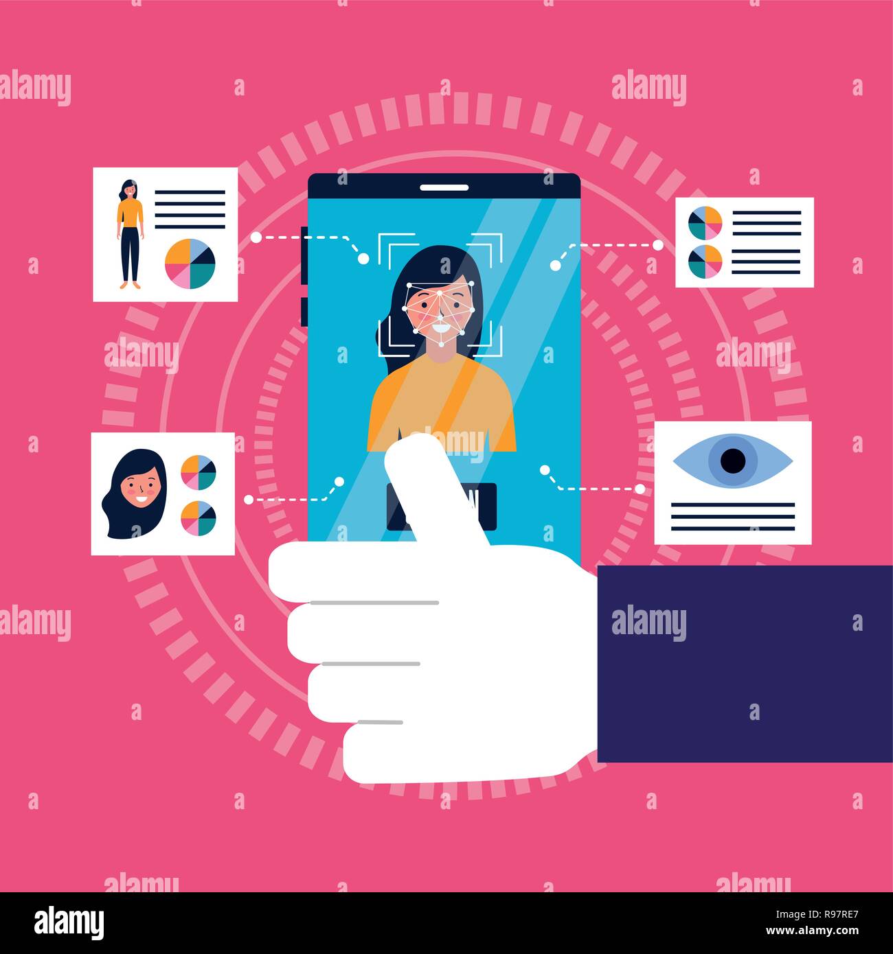 hand with cellphone face scan biometric technology vector illustration ...