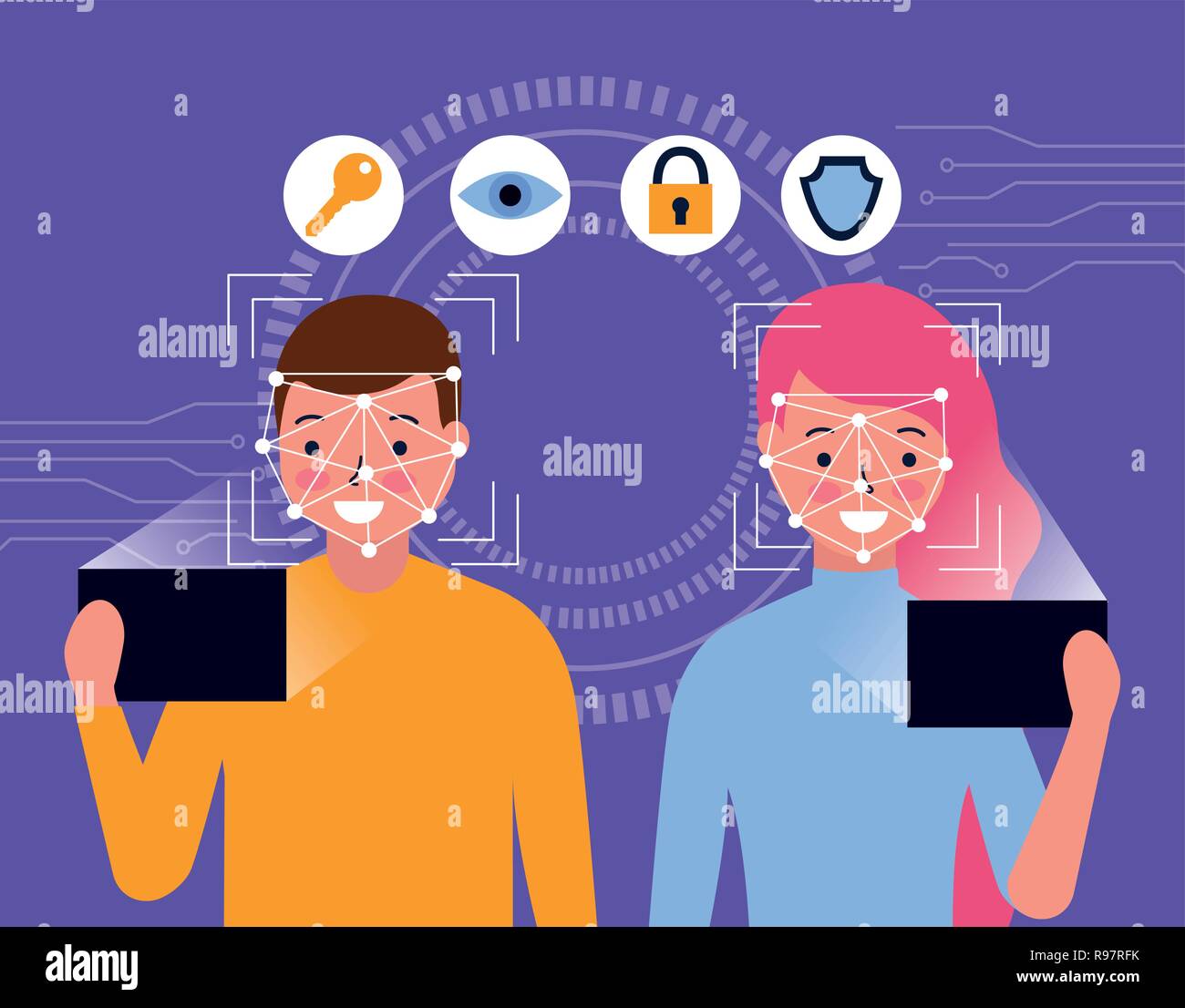 man and woman with mobile face scan vector illustration Stock Vector ...