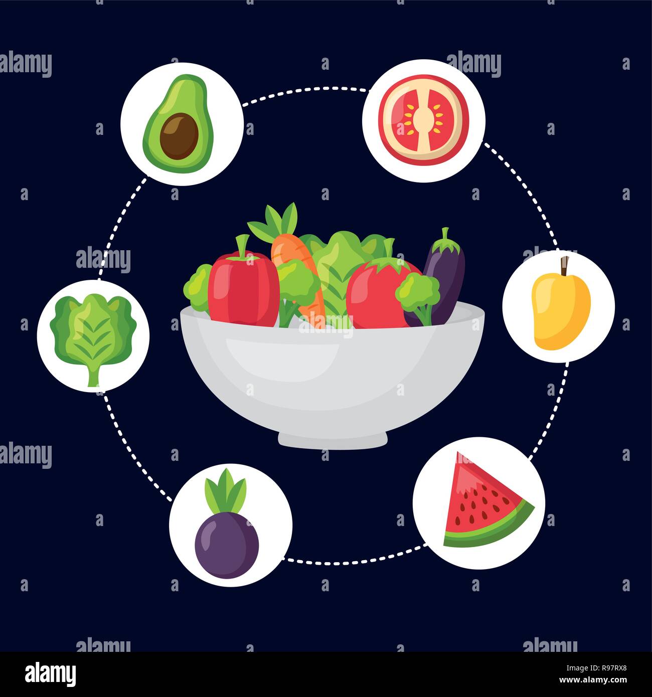 bowl with vegetables fruits healthy food vector illustration Stock ...