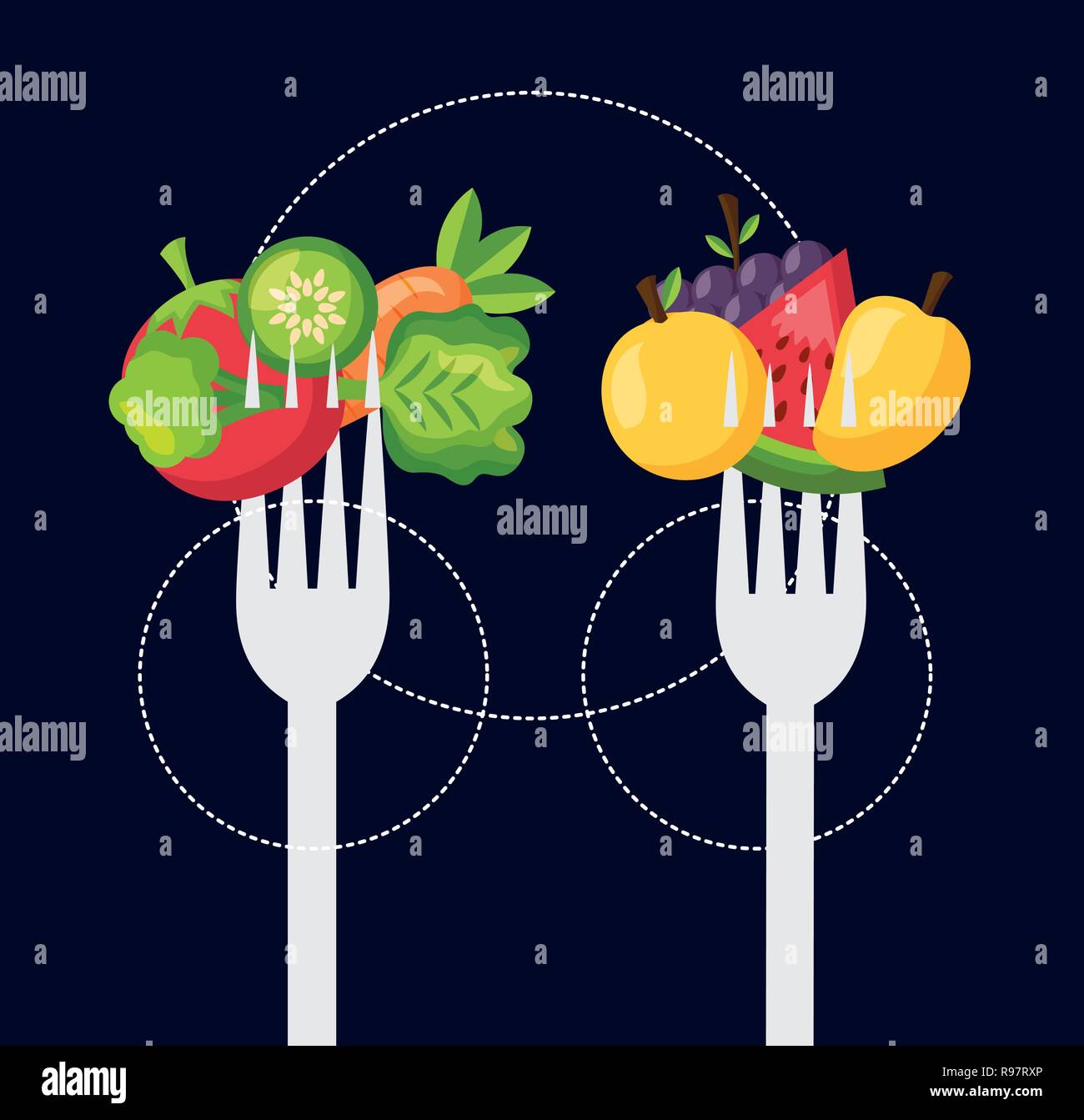 healthy food fresh forks with fruits and vegetables vector illustration ...