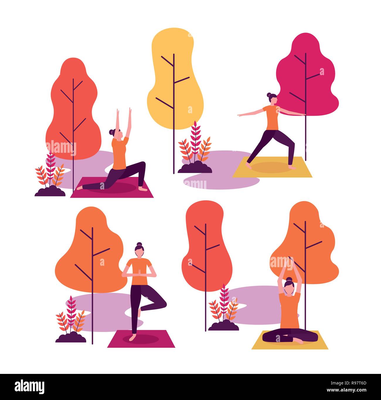 yoga activity park collage woman relaxation vector illustration Stock ...