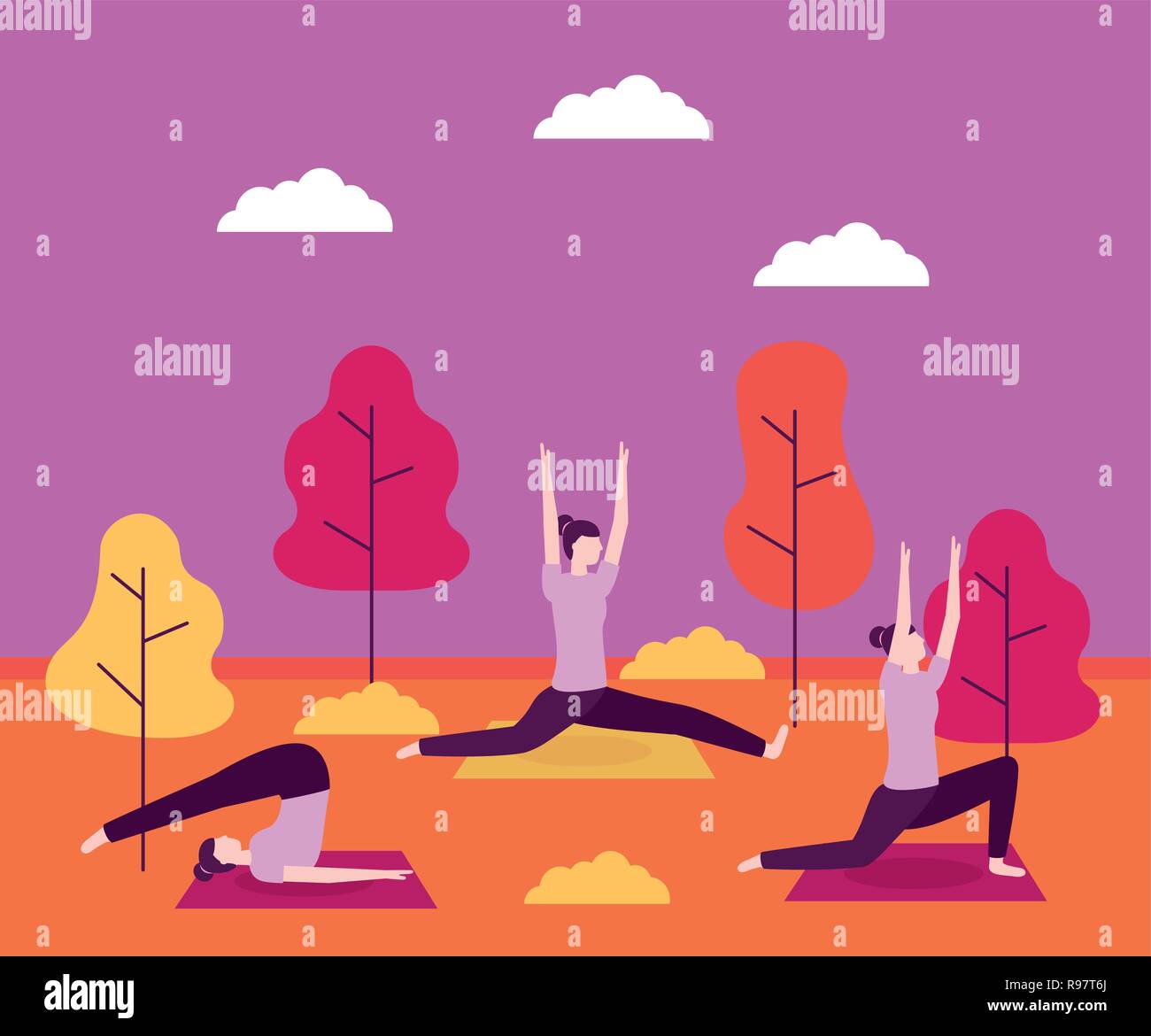 yoga activity clouds outdoor woman enjoy relax body vector illustration ...