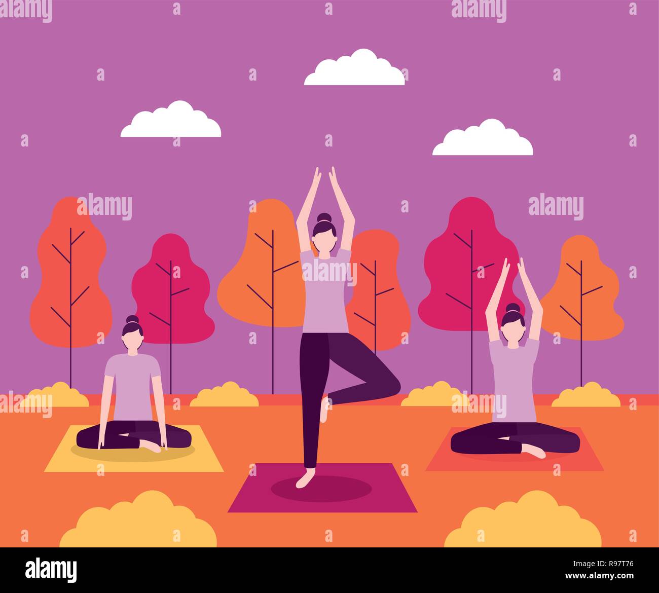 yoga activity trees park outdoor woman relaxation vector illustration ...