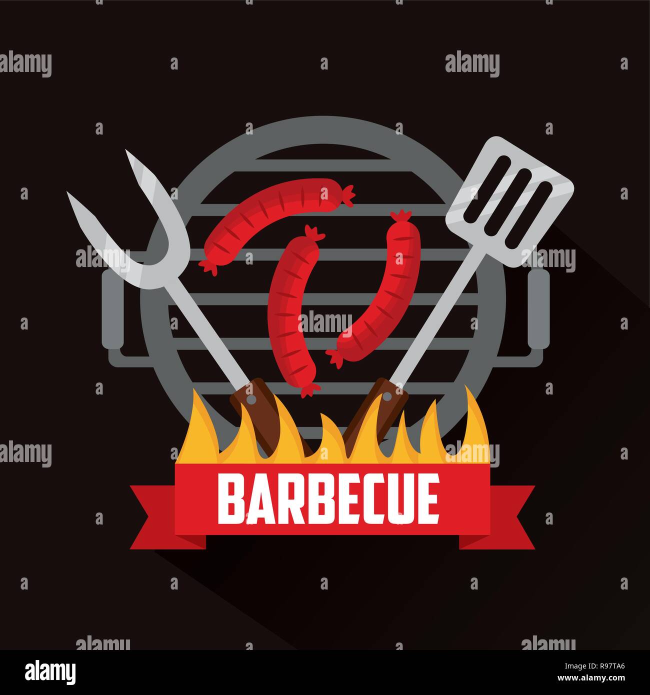 barbecue sausages fork spatula fire ribbon vector illustration Stock ...