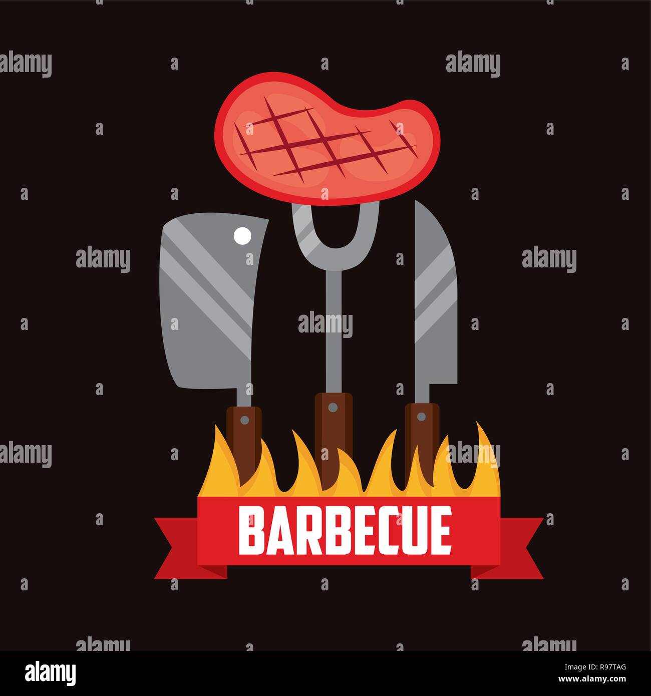 barbecue knifes meat fork fire ribbon vector illustration Stock Vector ...
