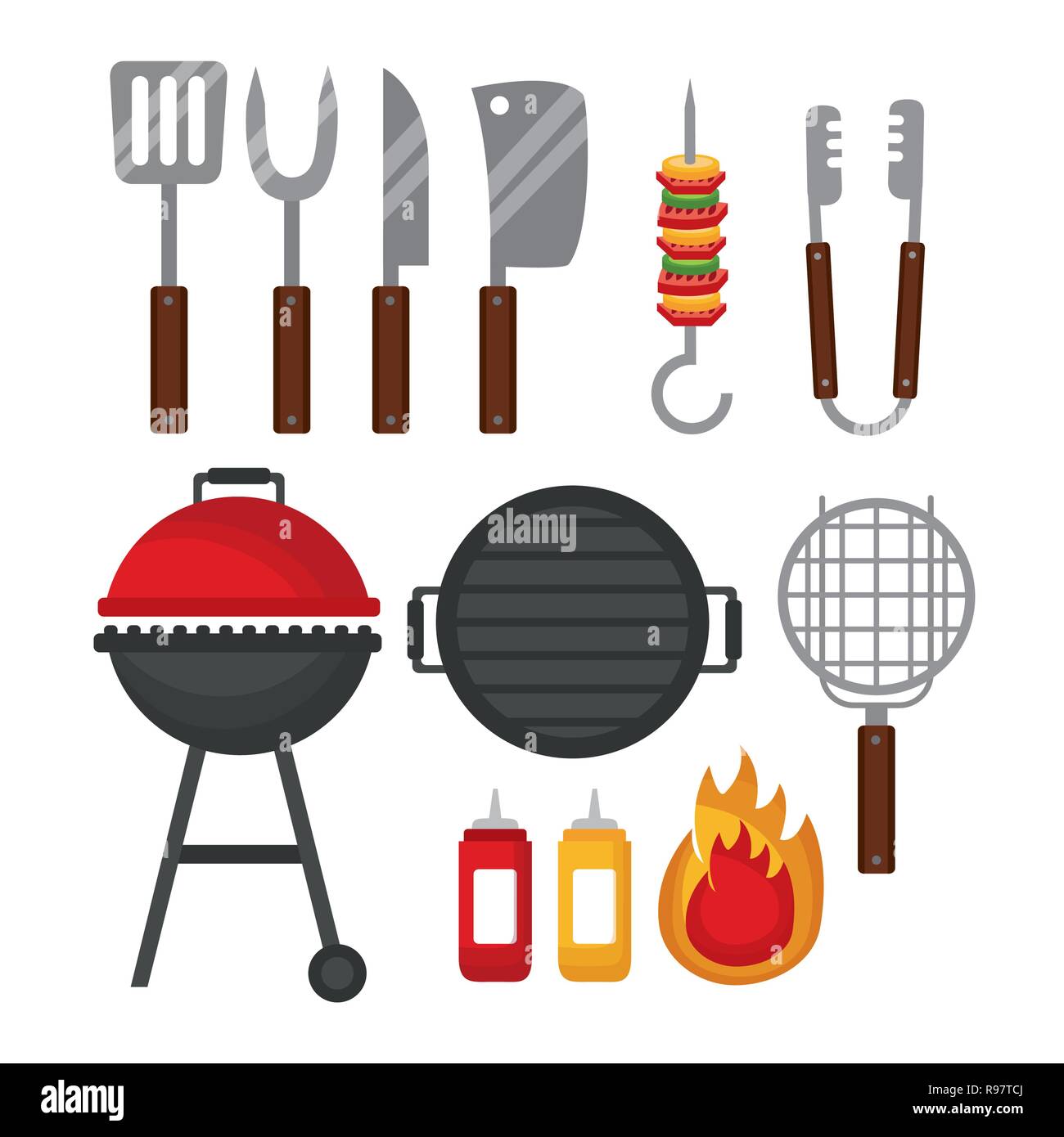 barbecue utensils skewers grill fire sauces vector illustration Stock ...