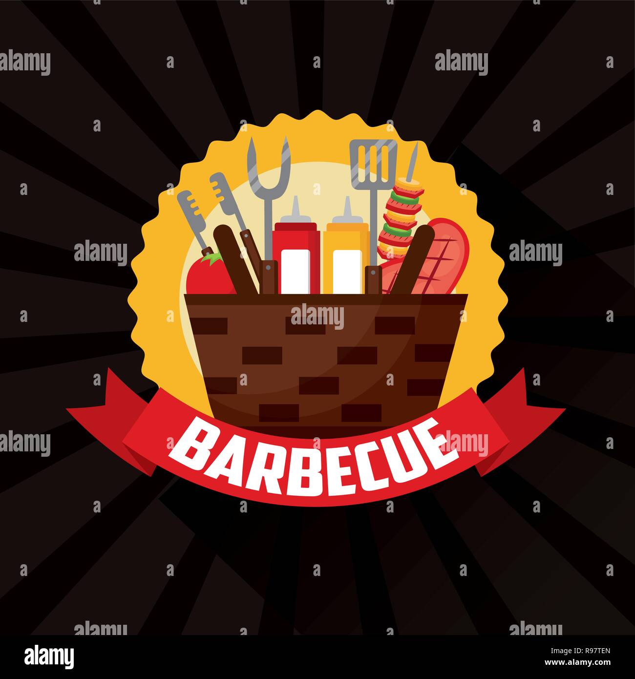 barbecue sticker ribbon basket food utensils vector illustration Stock ...