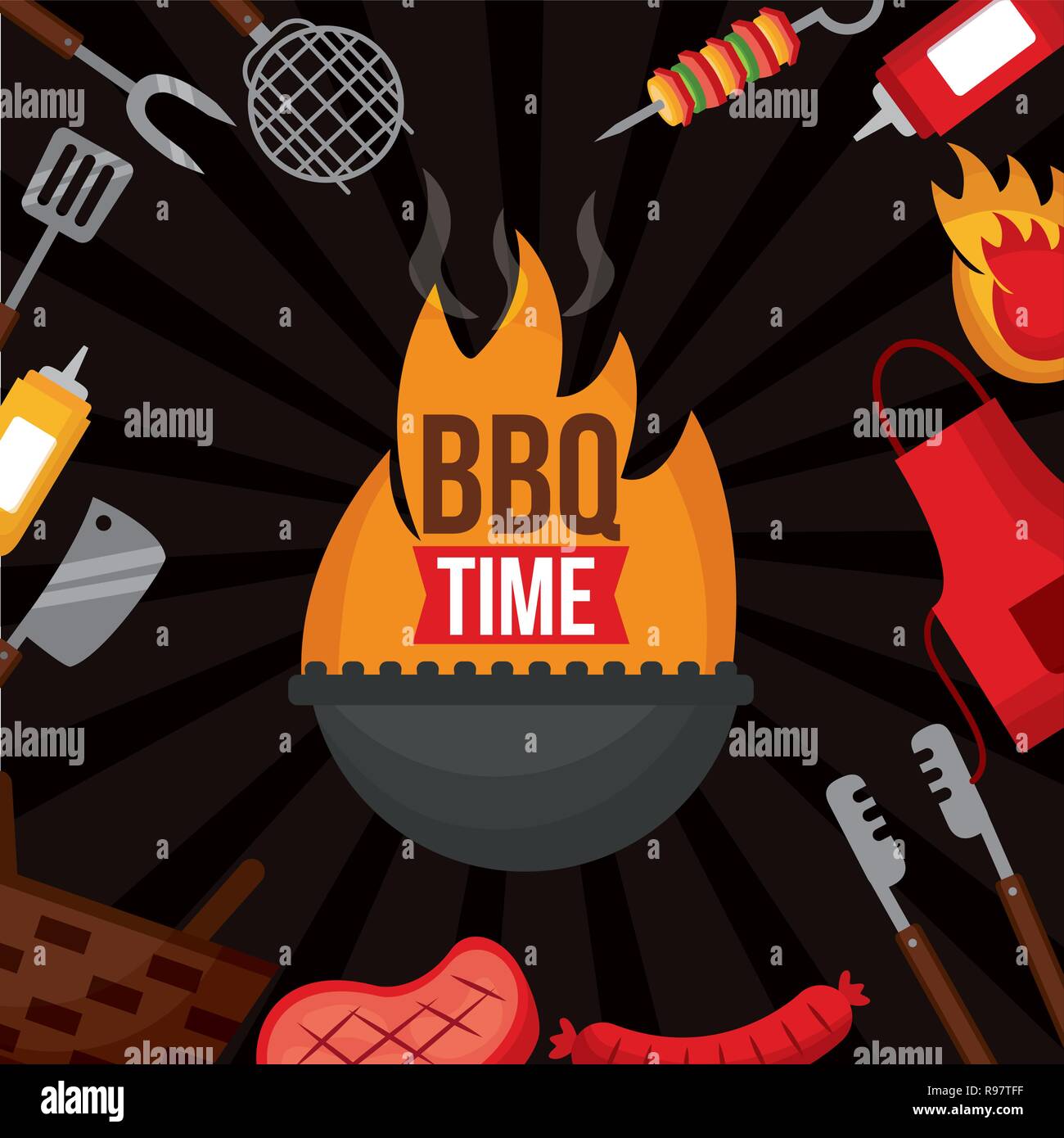 barbecue fire bbq time apron utensils food vector illustration Stock ...