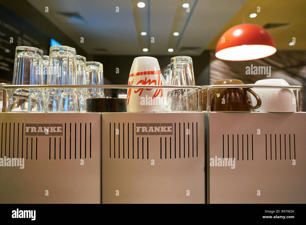 MOSCOW, RUSSIA - CIRCA MAY, 2018: coffee machine at McCafe in Moscow ...