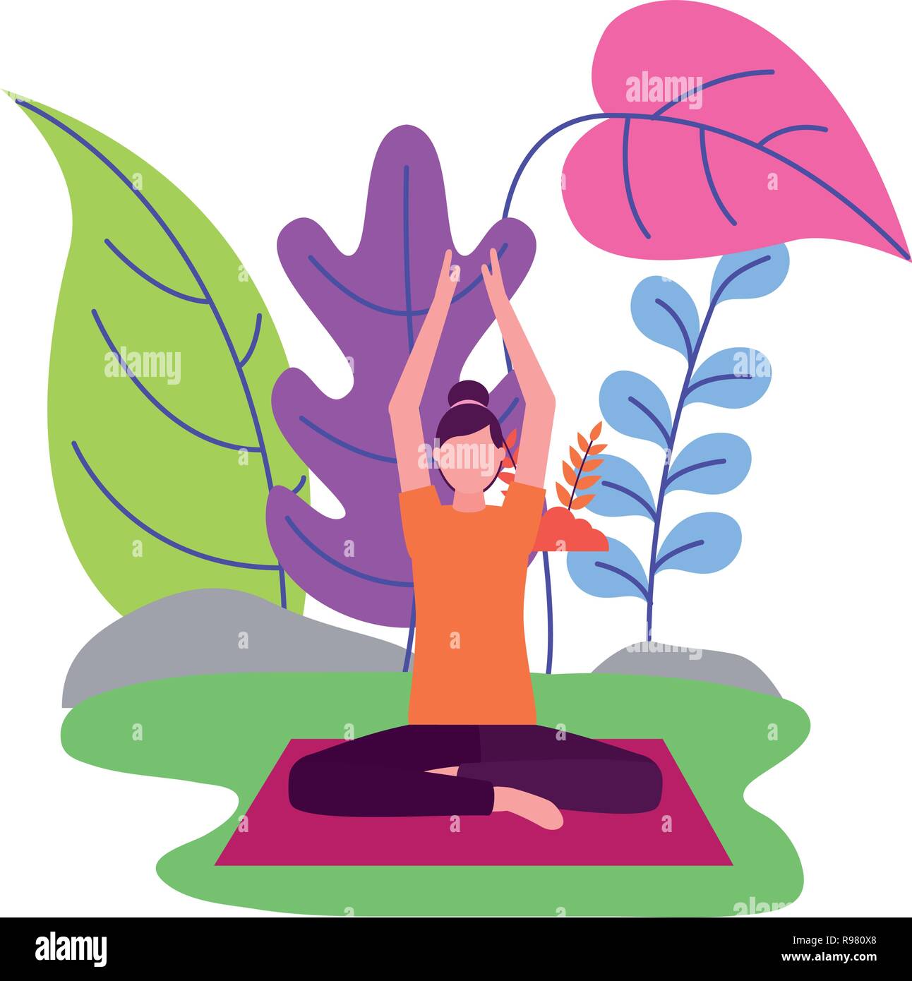 woman practicing yoga outdoors scene vector illustration Stock Vector ...