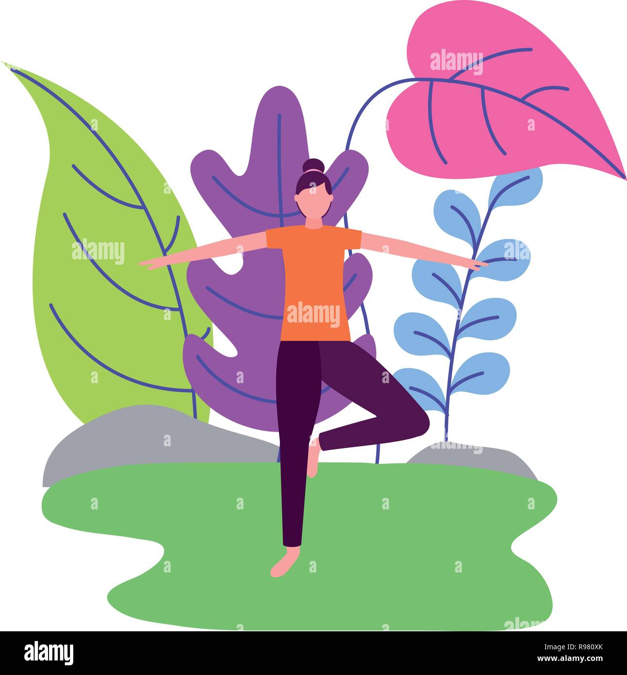 woman practicing yoga outdoors scene vector illustration Stock Vector ...