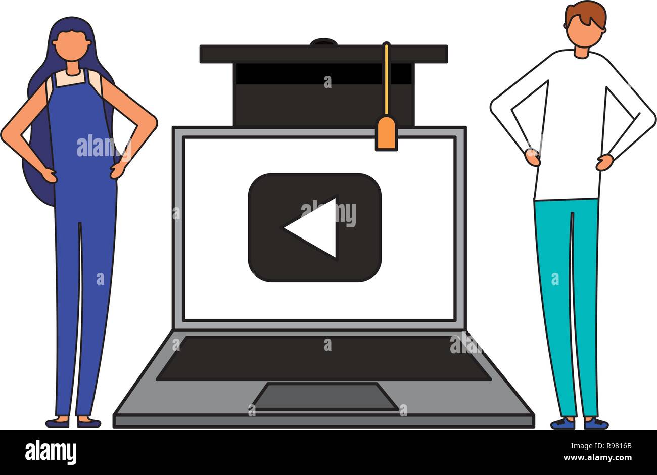 man and woman students laptop graduation hat vector illustration Stock ...