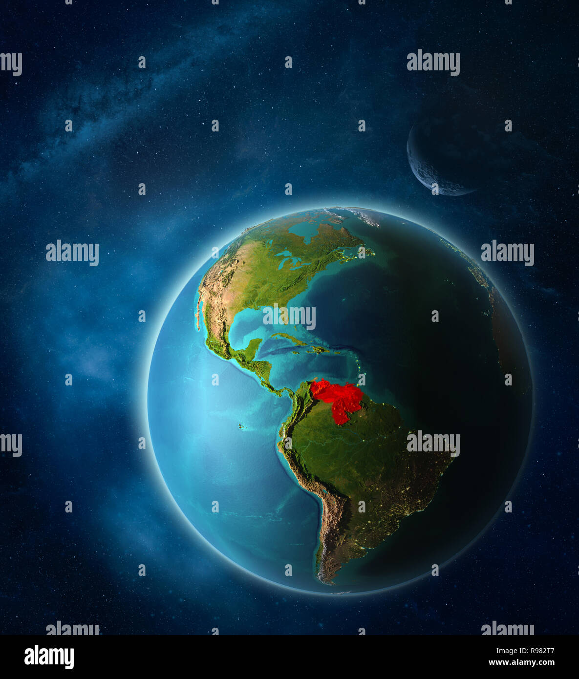 Venezuela from space on planet Earth in space with Moon and Milky Way ...