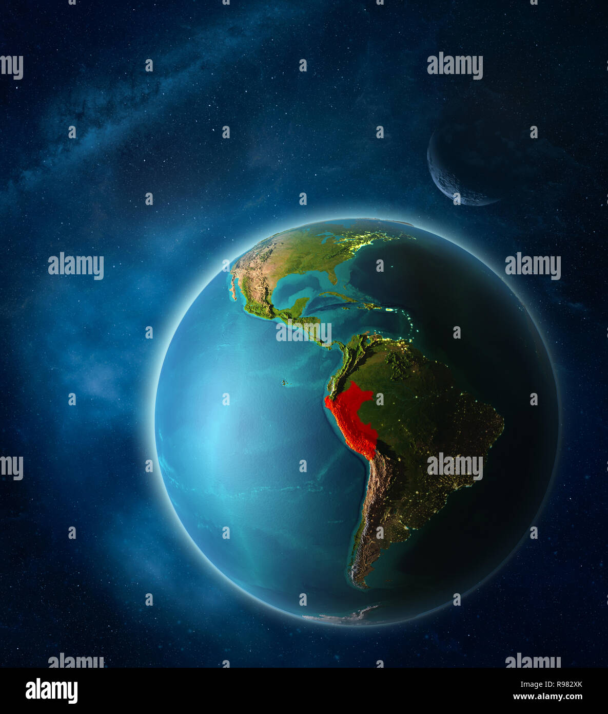 Peru from space on planet Earth in space with Moon and Milky Way ...