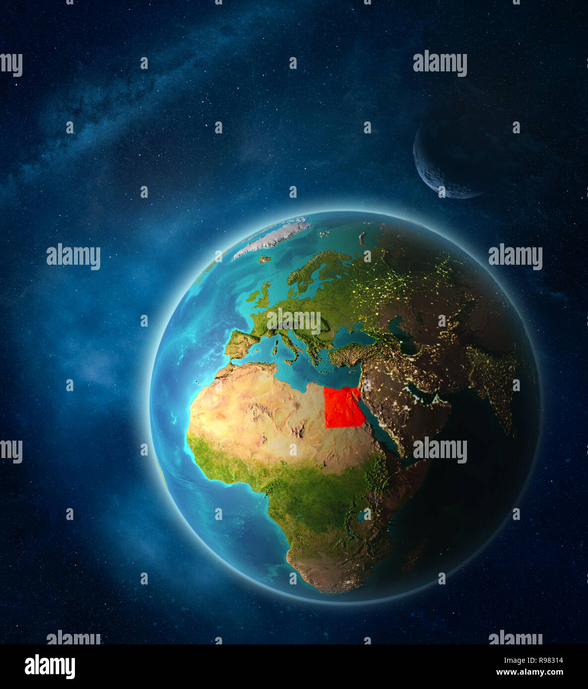 Egypt from space on planet Earth in space with Moon and Milky Way ...