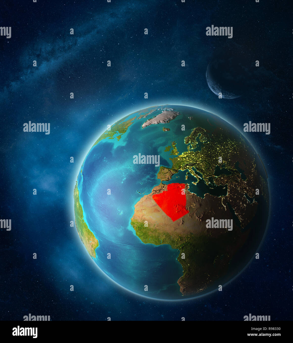 Algeria from space on planet Earth in space with Moon and Milky Way ...