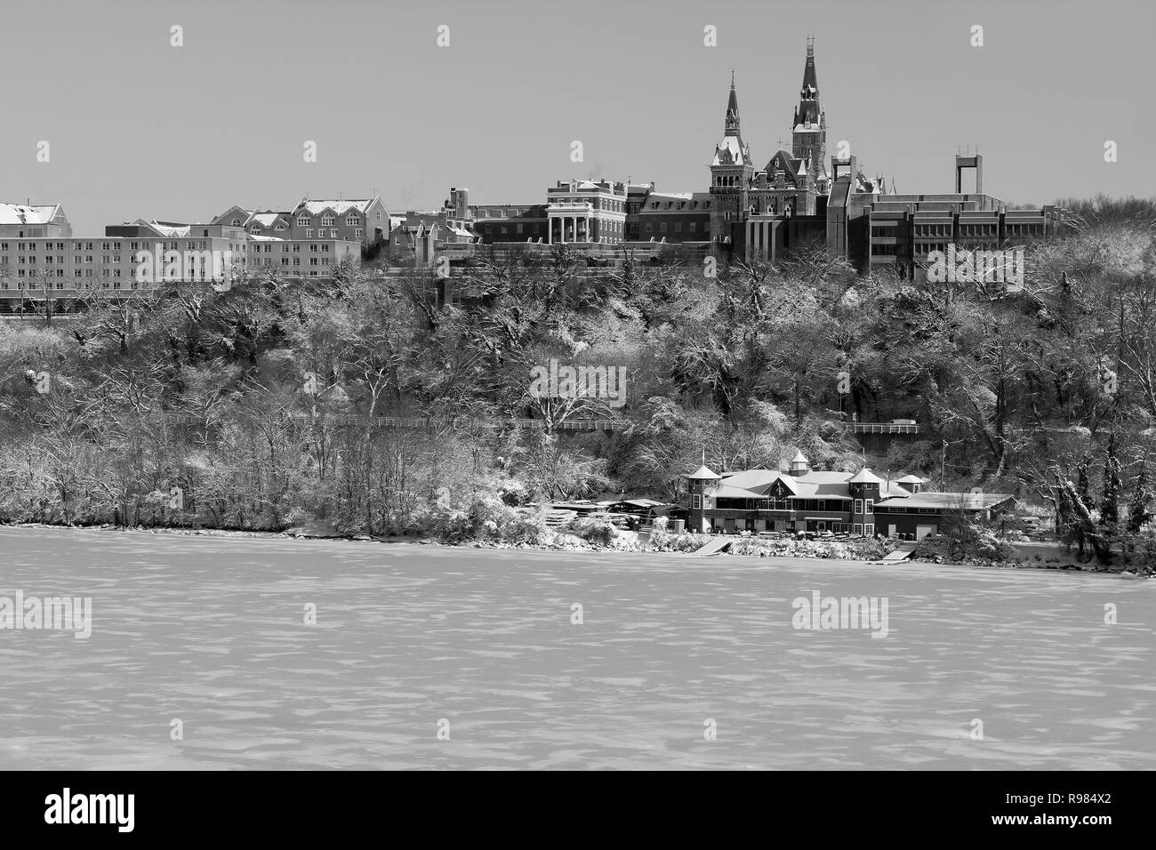 Winter scenery of Georgetown University in black and white in ...