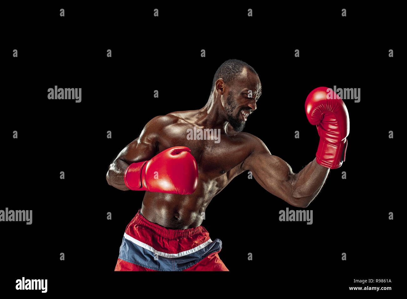 Hands of boxer over black background. Strength, attack and motion ...