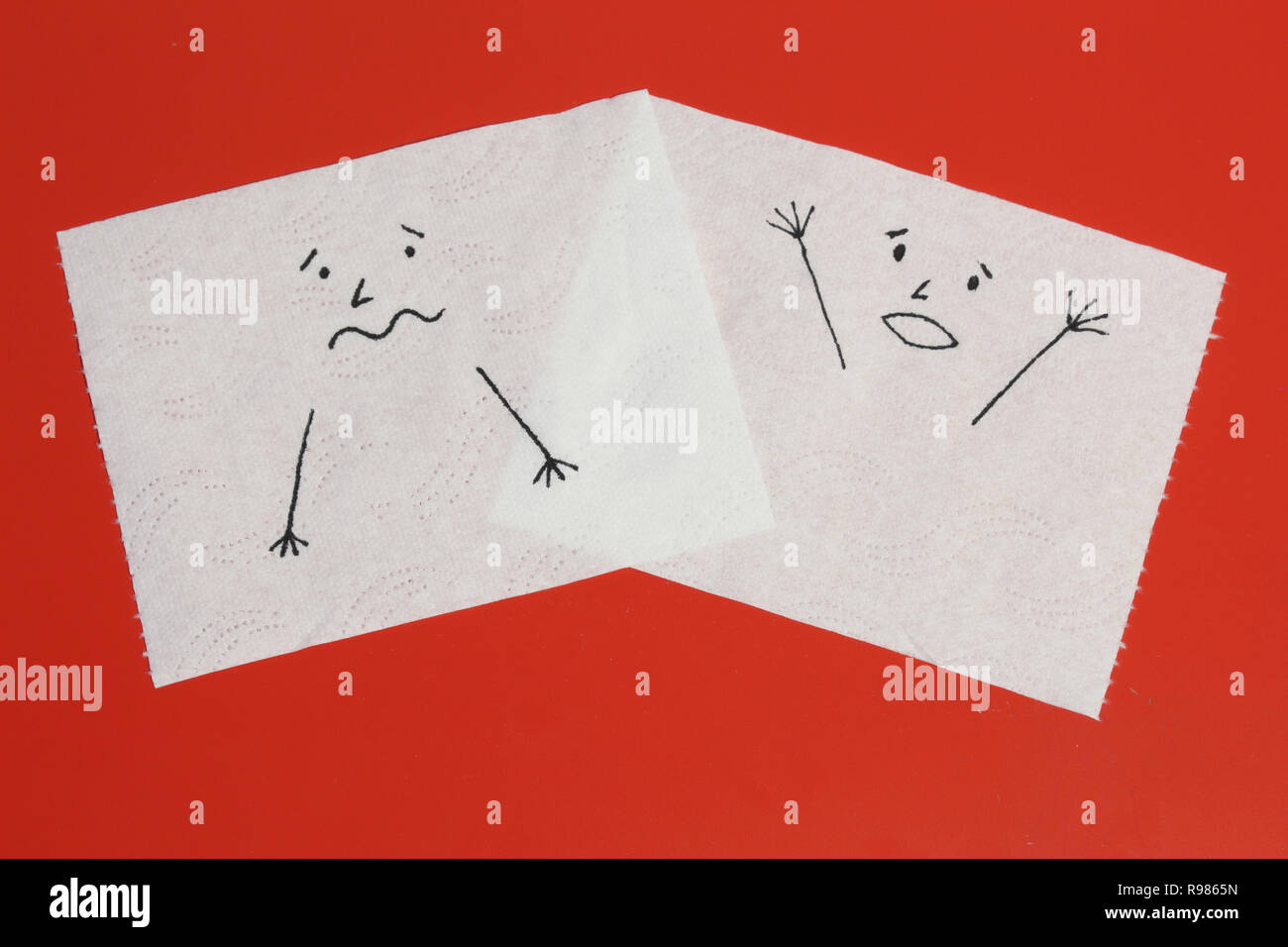 Two white toilet paper rolls sketched with a scared and a shouting ...