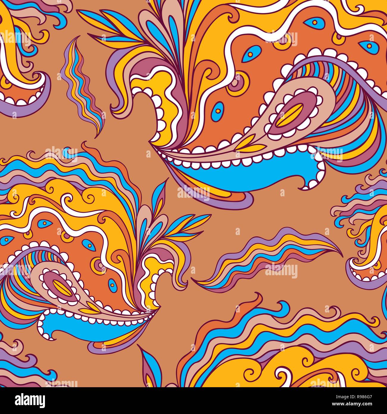 Seamless hand - drawn pattern. Flower, waves, curls, nature theme ...