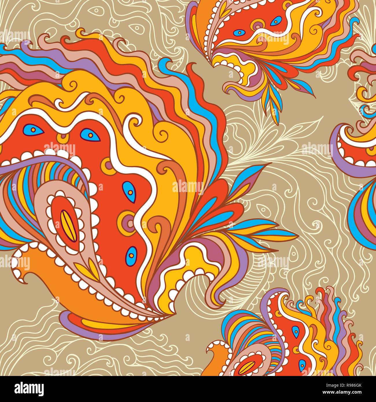 Seamless hand - drawn pattern. Flower, waves, curls, nature theme ...