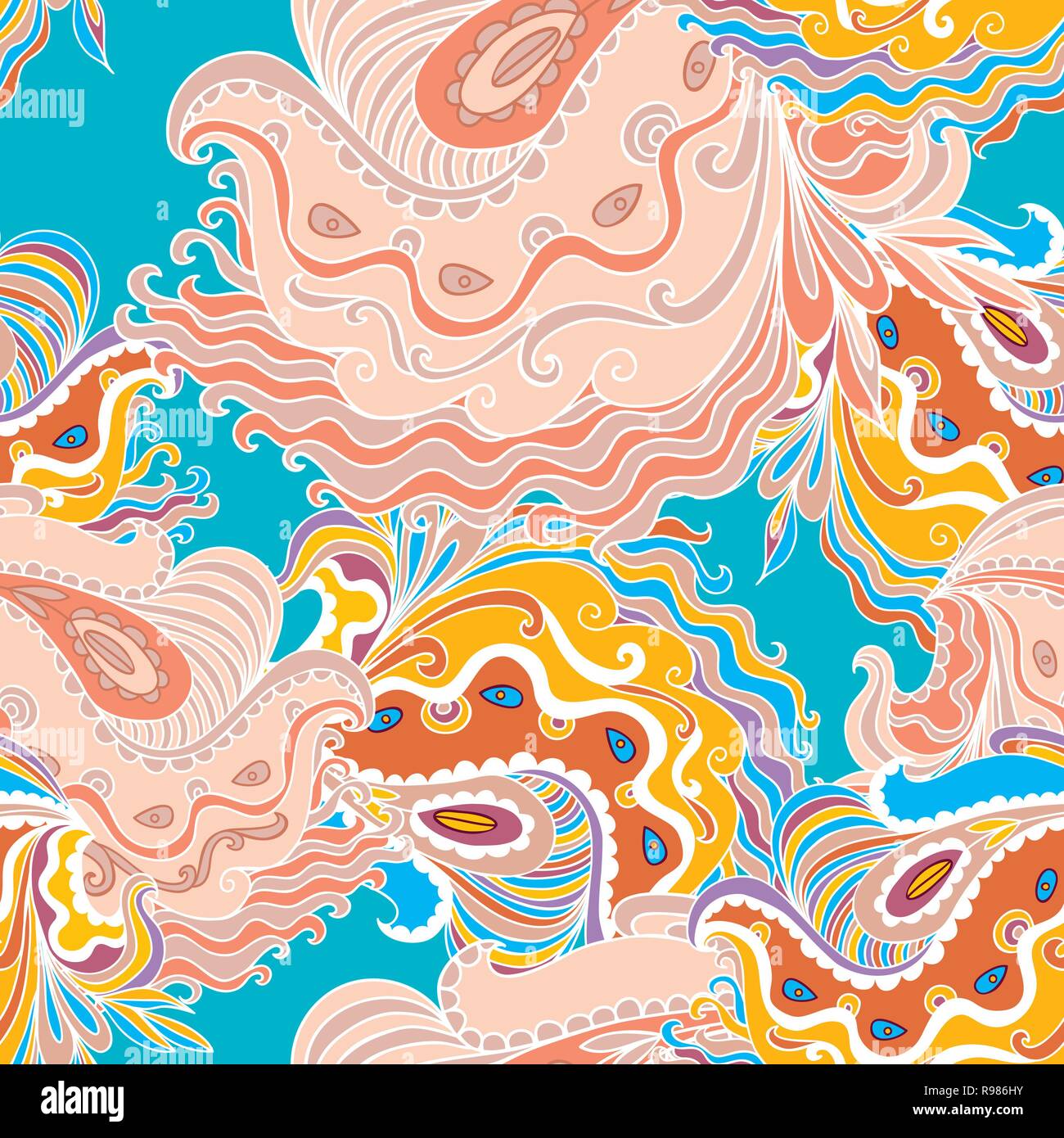 Seamless hand - drawn pattern. Flower, waves, curls, nature theme ...