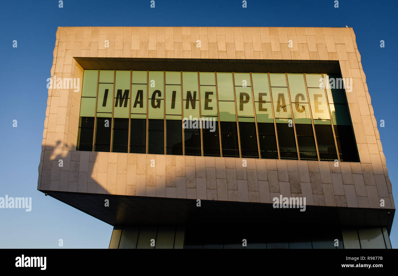 Imagine Peace slogan at the Museum of Liverpool, United Kingdom Stock ...