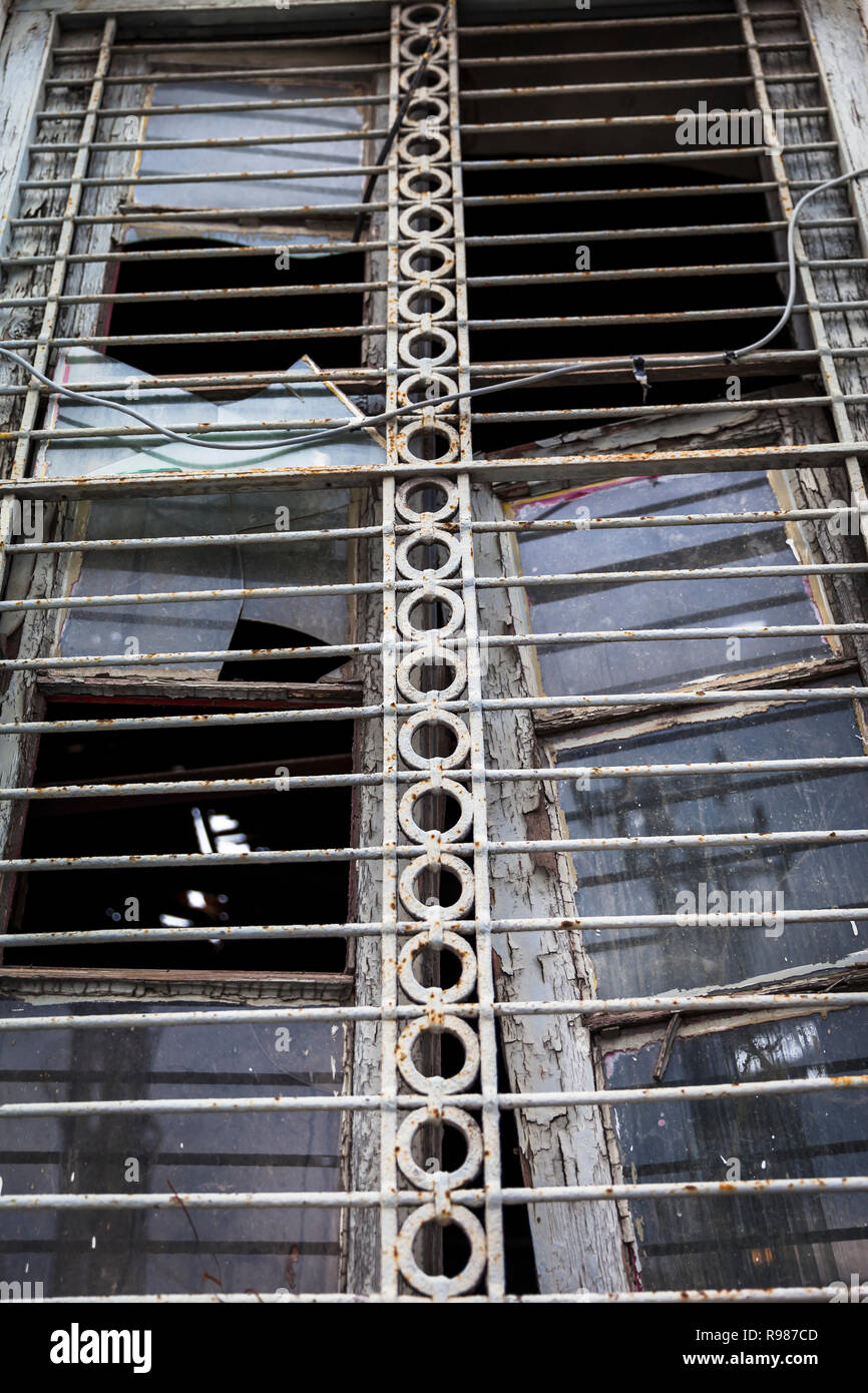 Broken Old Window. Closeup. Weathered broken down derelict window with ...