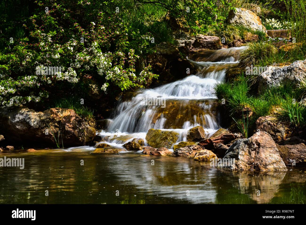 Waterfall, flowers, and pathway in a garden setting Stock Photo - Alamy