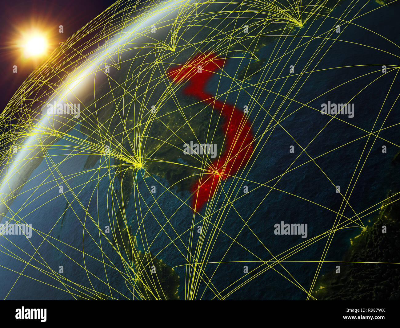 Vietnam on model of planet Earth with network and international networks. Concept of digital ...