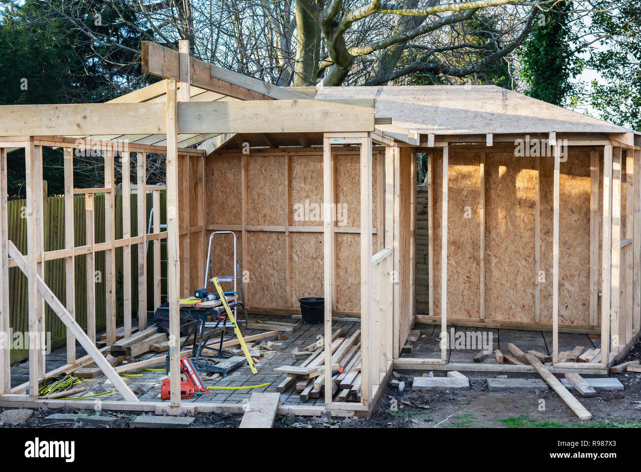 Project of wooden summer house, log cabin or shed, unfinished structure ...