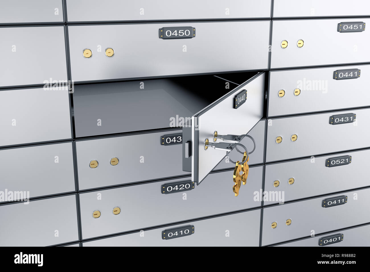 3D safe deposit boxes with open one safe cell Stock Photo - Alamy