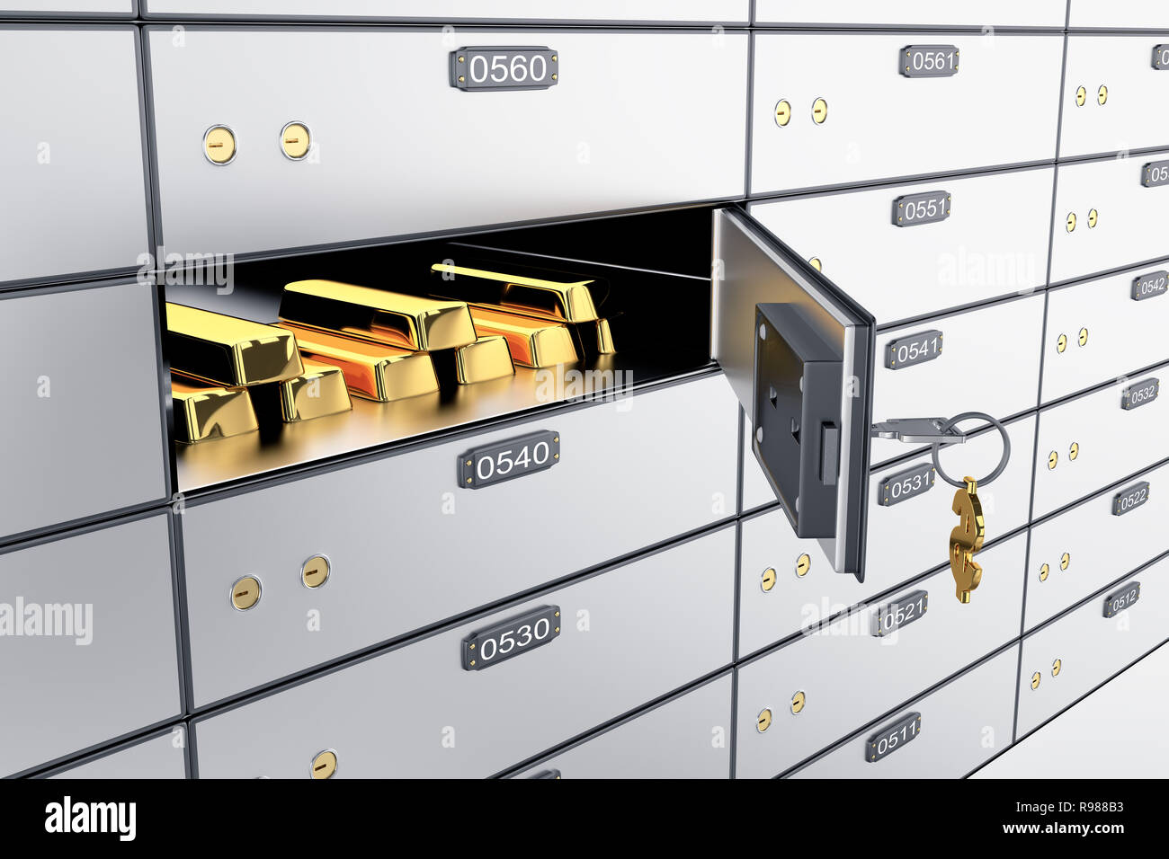 3D safe deposit boxes with open one safe cell Stock Photo - Alamy