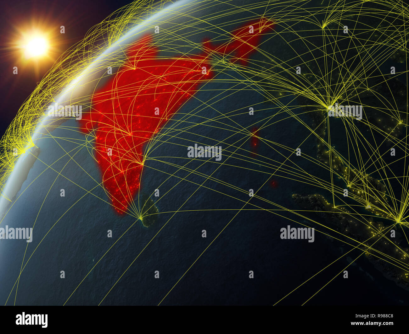 India on model of planet Earth with network and international networks ...
