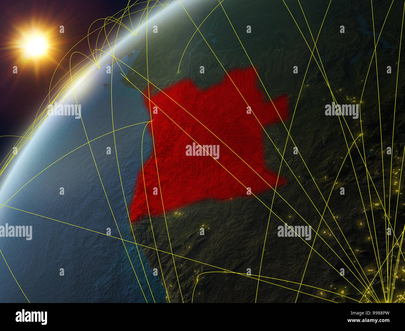 Angola on model of planet Earth with network and international networks ...