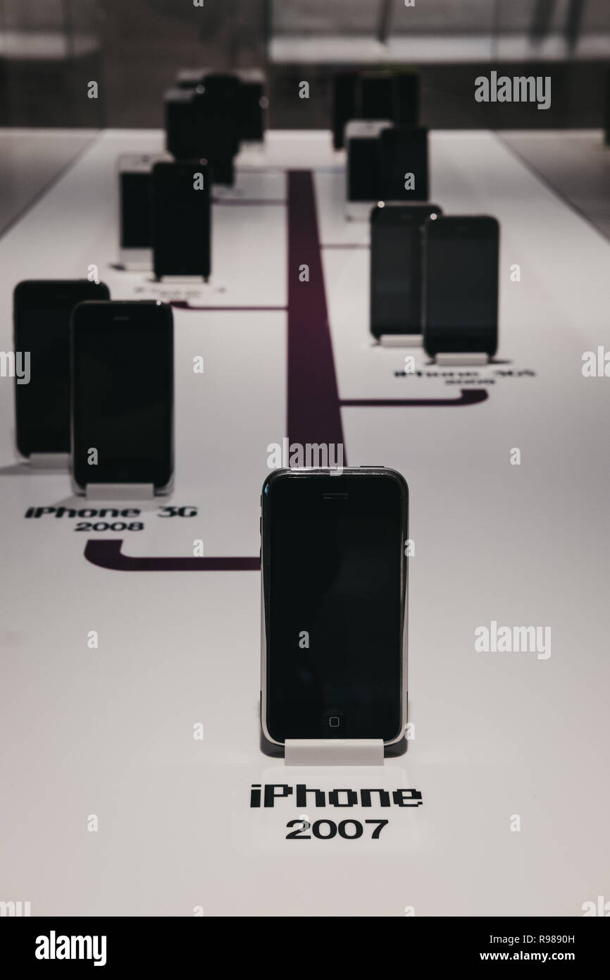 Prague, Czech Republic - August 28, 2018: Range of iPhones on exhibit ...