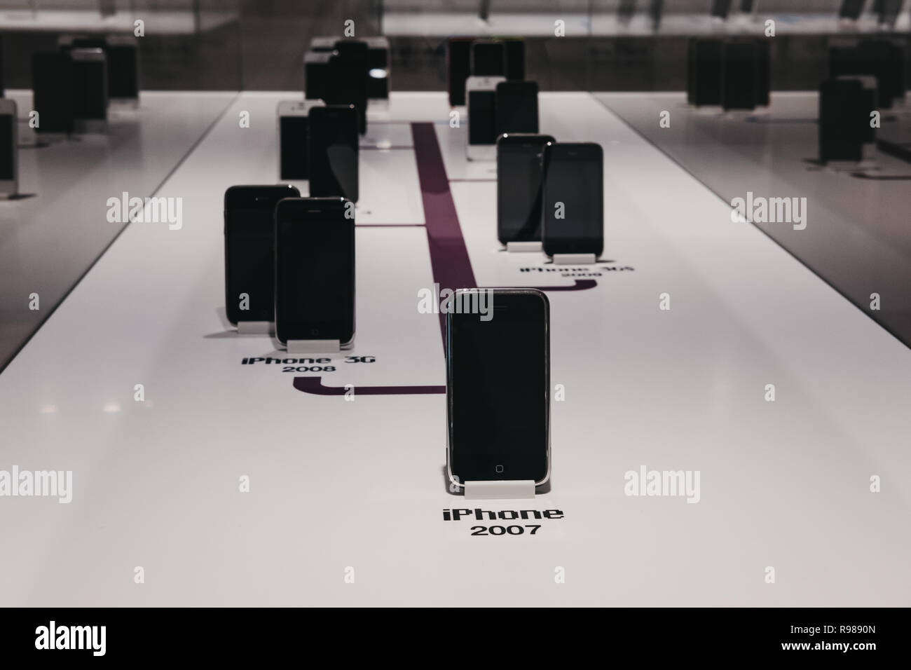 Prague, Czech Republic - August 28, 2018: Range of iPhones on exhibit ...