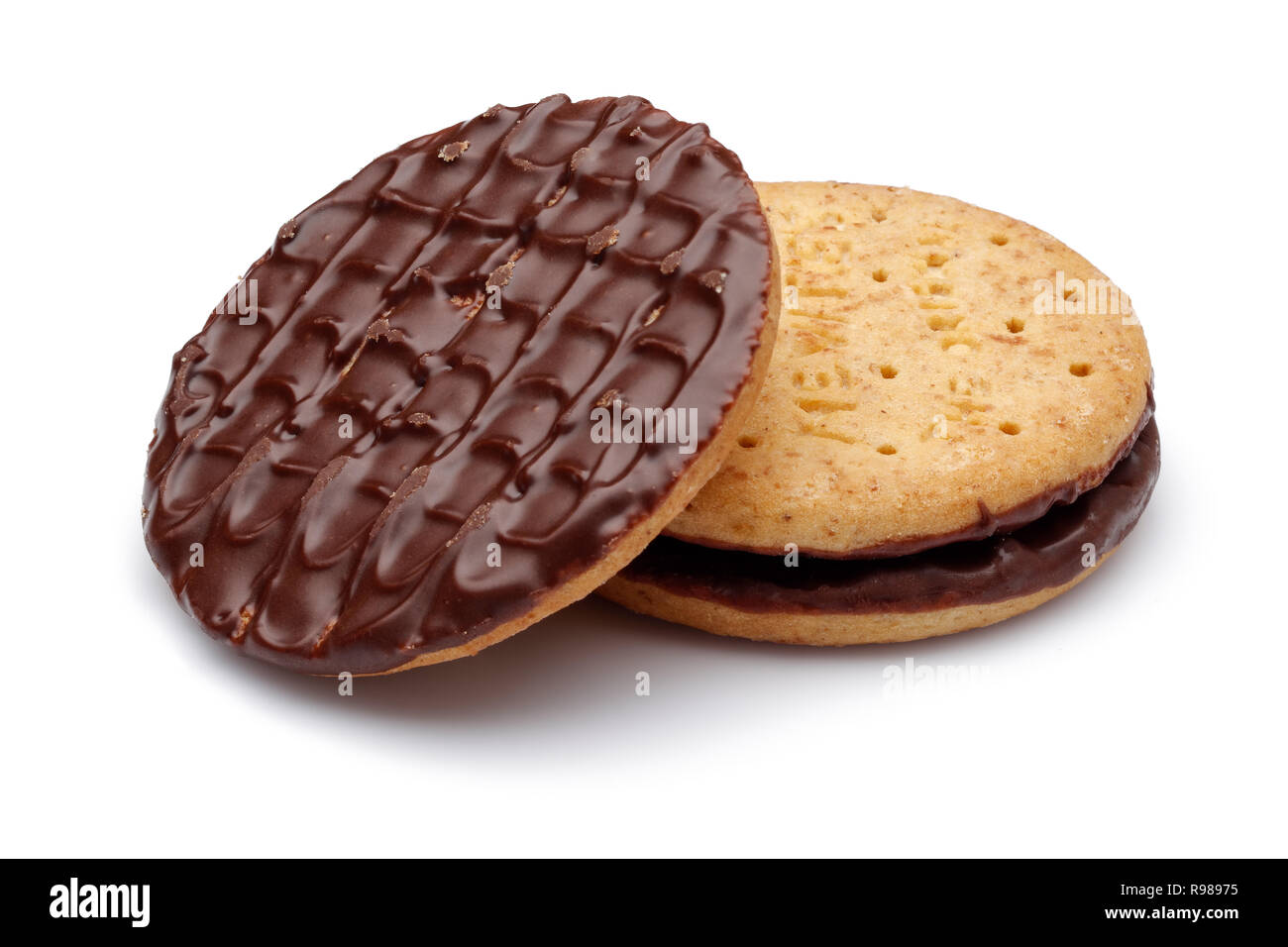 Chocolate covered biscuits isolated on white background Stock Photo - Alamy