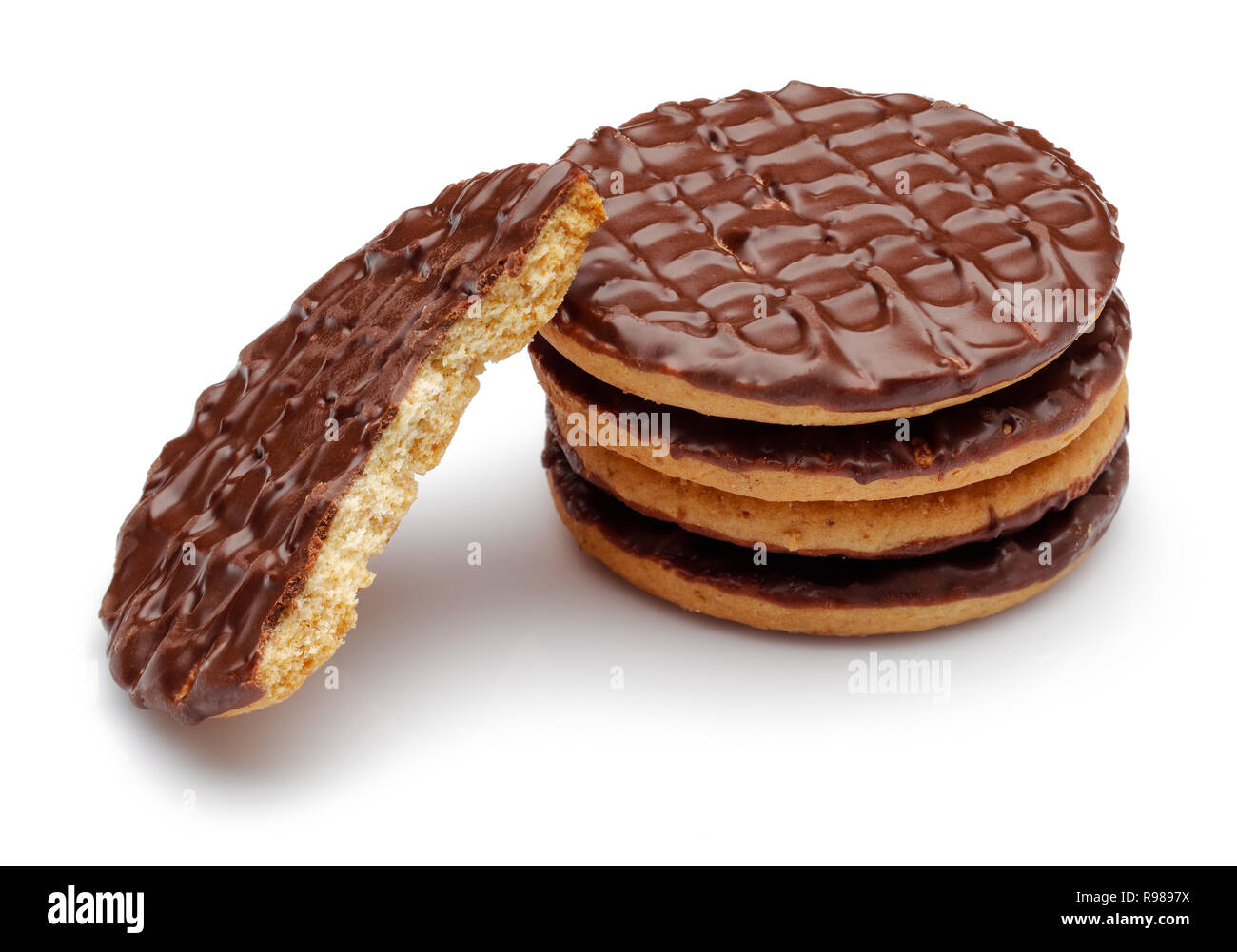 Chocolate covered biscuits isolated on white background Stock Photo - Alamy