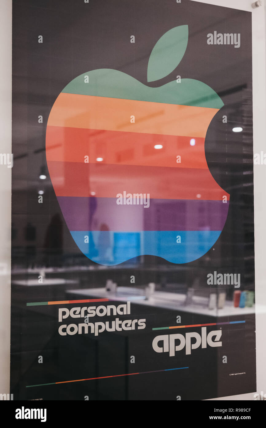 Prague, Czech Republic - August 28, 2018: Retro framed Apple computer ...