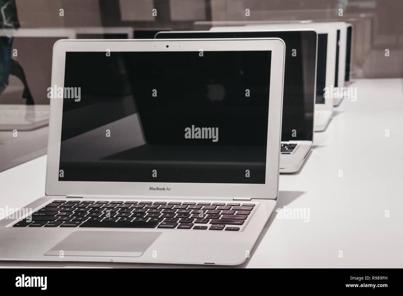 Prague, Czech Republic - August 28, 2018: Range of MacBooks on display ...