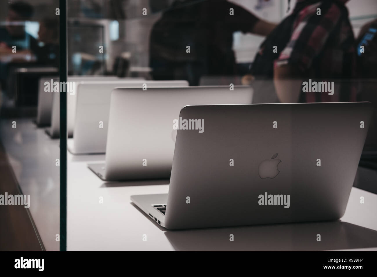 Prague, Czech Republic - August 28, 2018: Range of MacBooks on display ...
