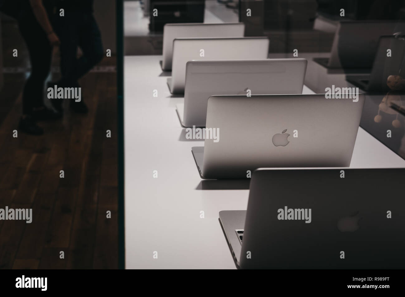 Prague, Czech Republic - August 28, 2018: Range of MacBooks on display ...