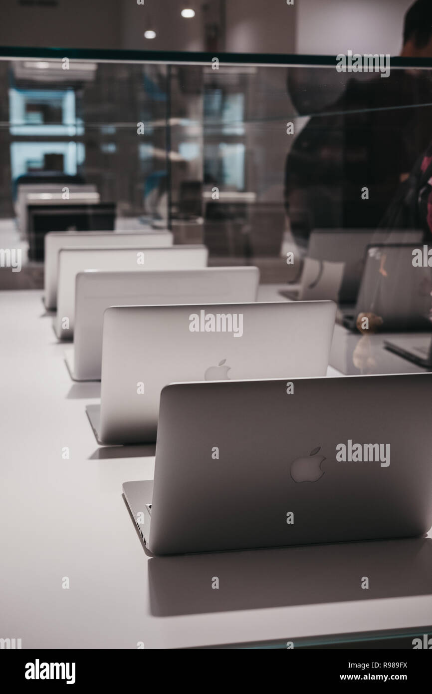 Prague, Czech Republic - August 28, 2018: Range of MacBooks on display ...
