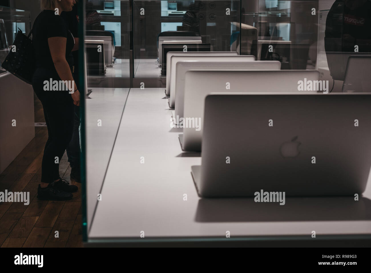 Prague, Czech Republic - August 28, 2018: Range of MacBooks on display ...