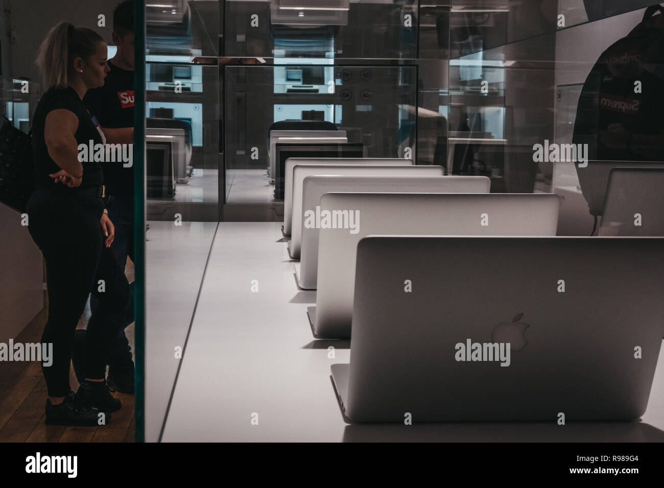 Prague, Czech Republic - August 28, 2018: Range of MacBooks on display ...