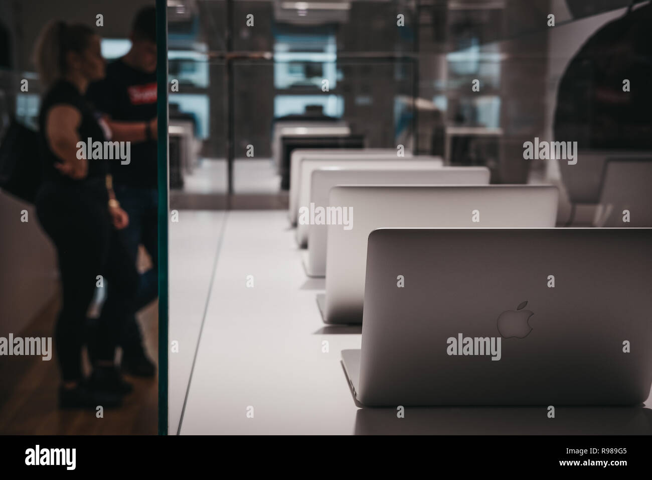 Prague, Czech Republic - August 28, 2018: Range of MacBooks on display ...