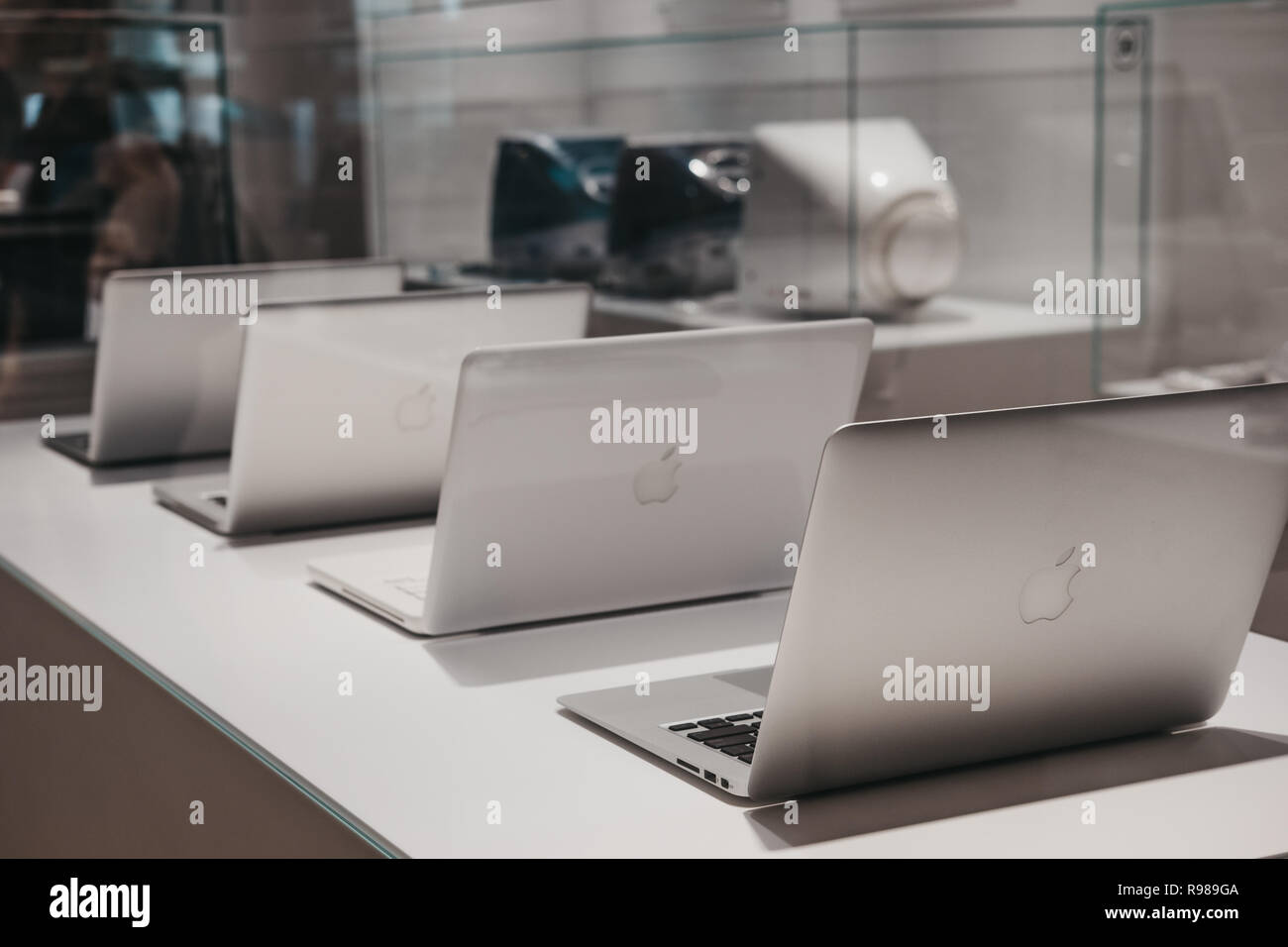 Prague, Czech Republic - August 28, 2018: Range of MacBooks on display ...