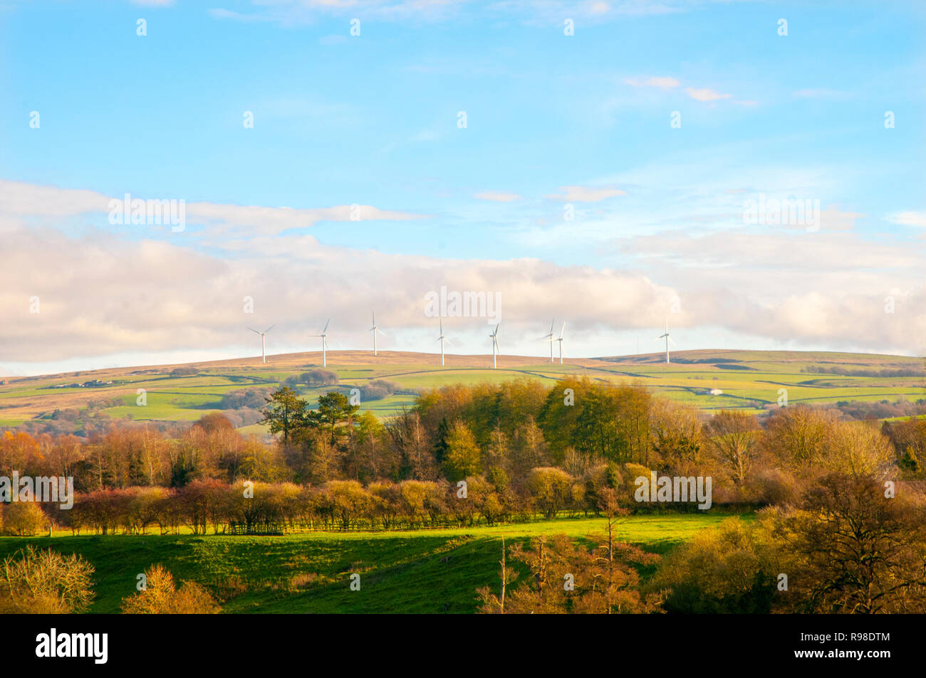 Wind turbines on fellside viewed from the Crook of Lune Caton Lancaster ...