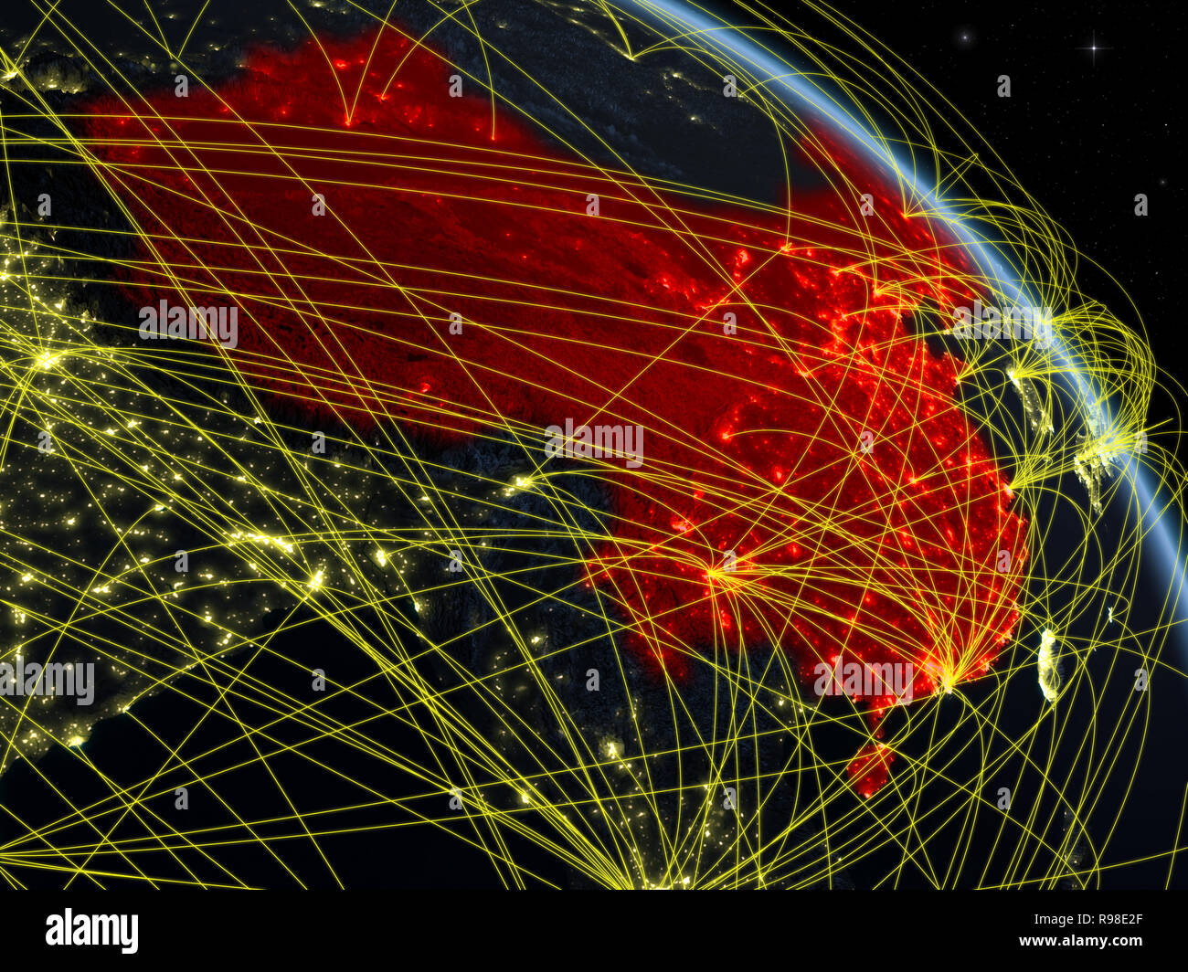 China from space on model of planet Earth at night with network ...